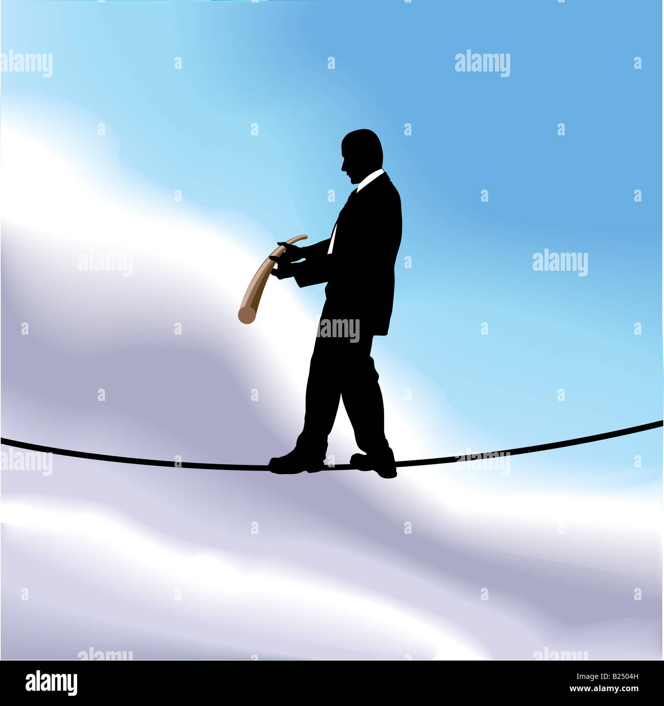 Walking the tightrope. A business man walking a tightrope high in the ...
