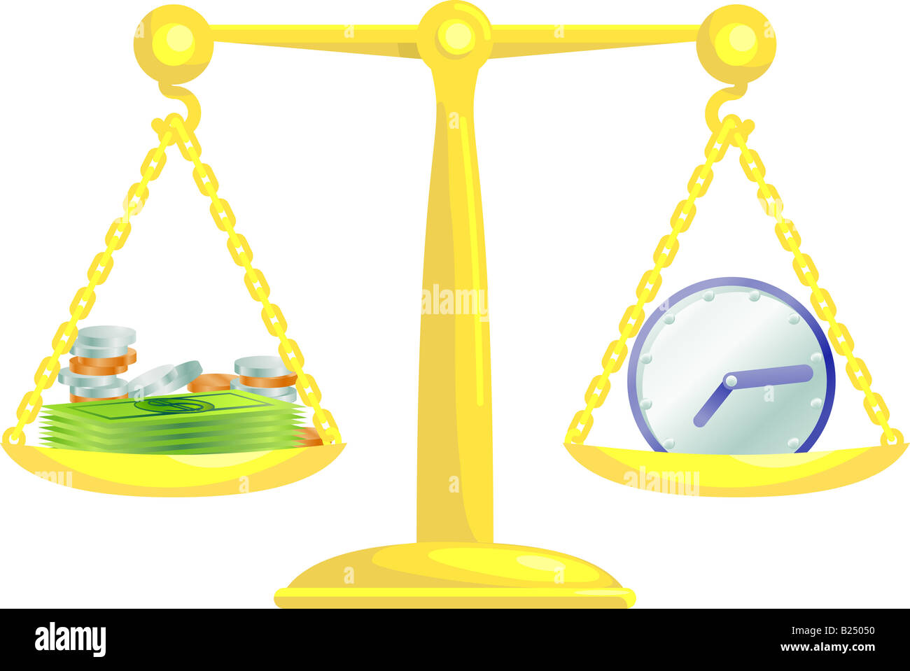 Conceptual illustration. Work life balance or balancing time and money ...
