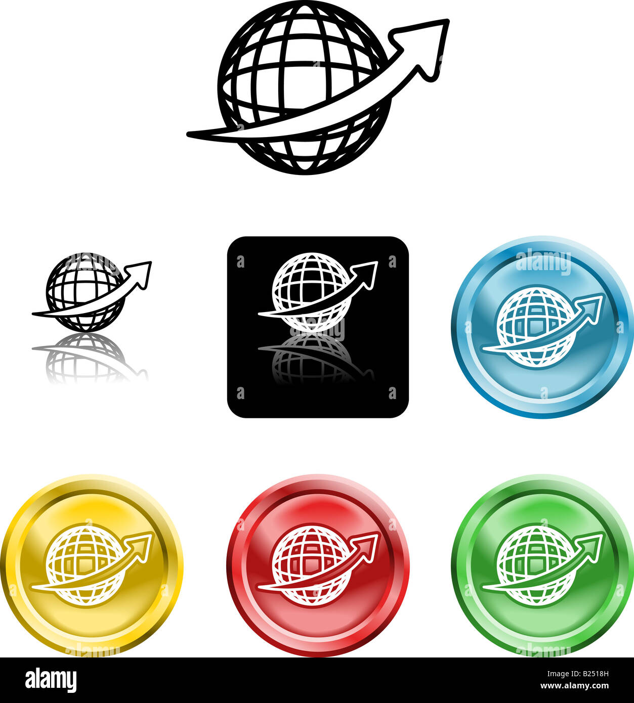 An icon symbol of a stylised wire frame globe with arrow swooshing ...