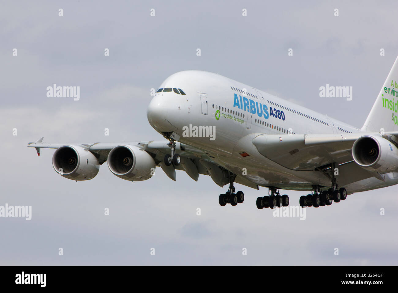 Airbus A380 double-deck wide-body airliner F-WWDD final approach Stock ...
