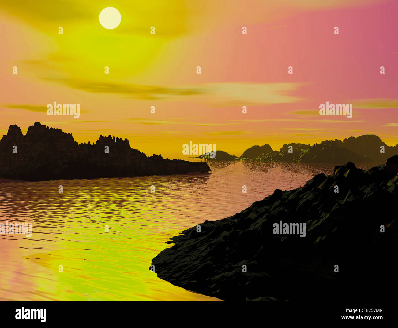 Mountain, river and sun Stock Photo - Alamy