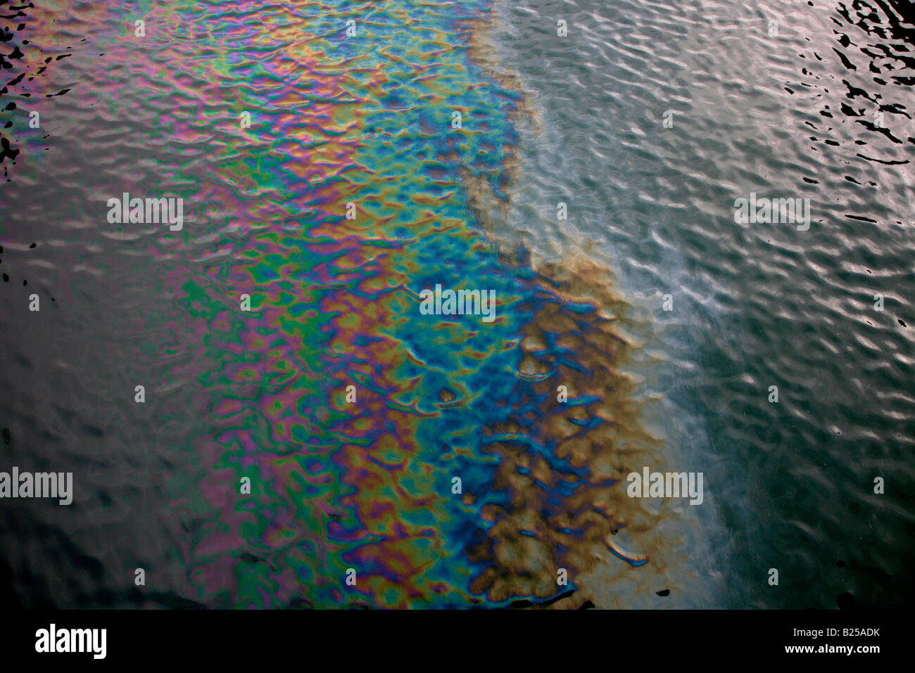 Oil slick on dark water ecological environmental disaster Stock Photo ...