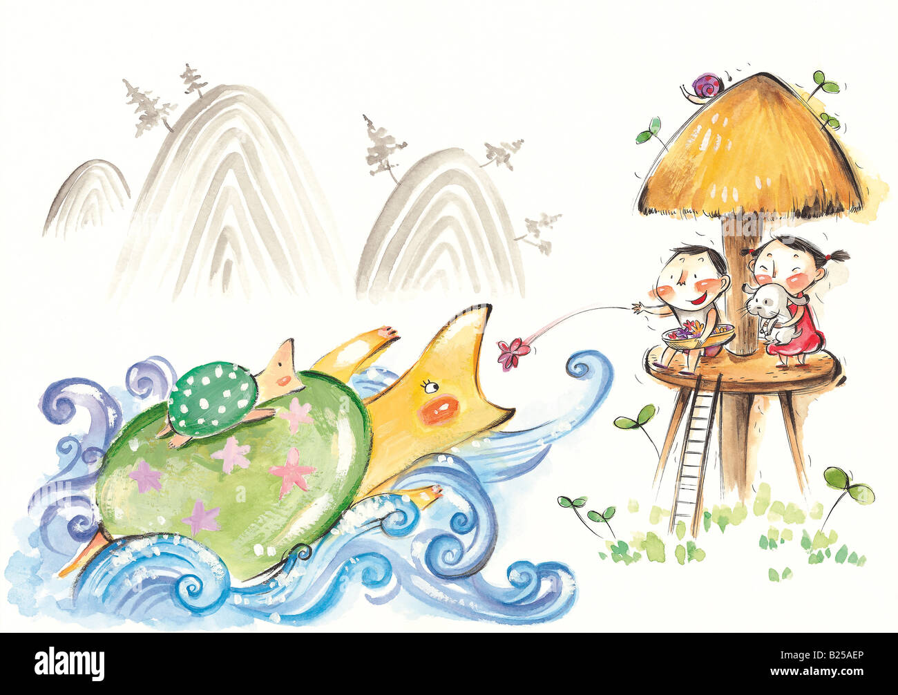 Kids, rabbit and tortoise Stock Photo - Alamy