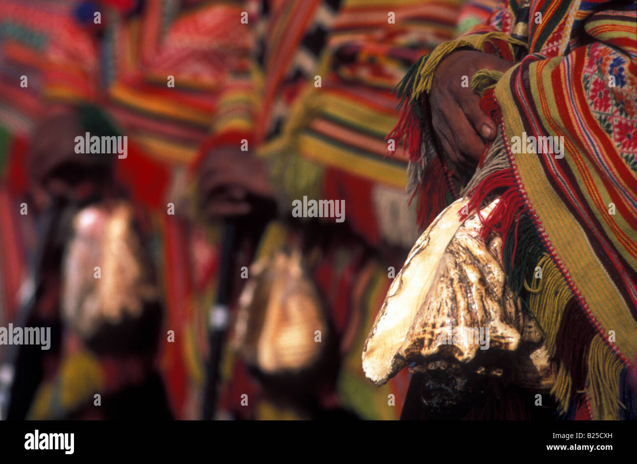 Caciques with their conch shells line up for Inti Raymi summer festival ...