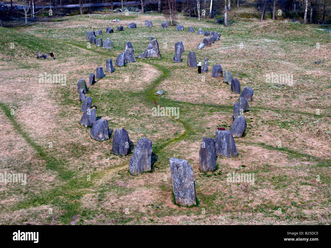 Standing stones in a the shape of a Viking ship at Anundshog the ...