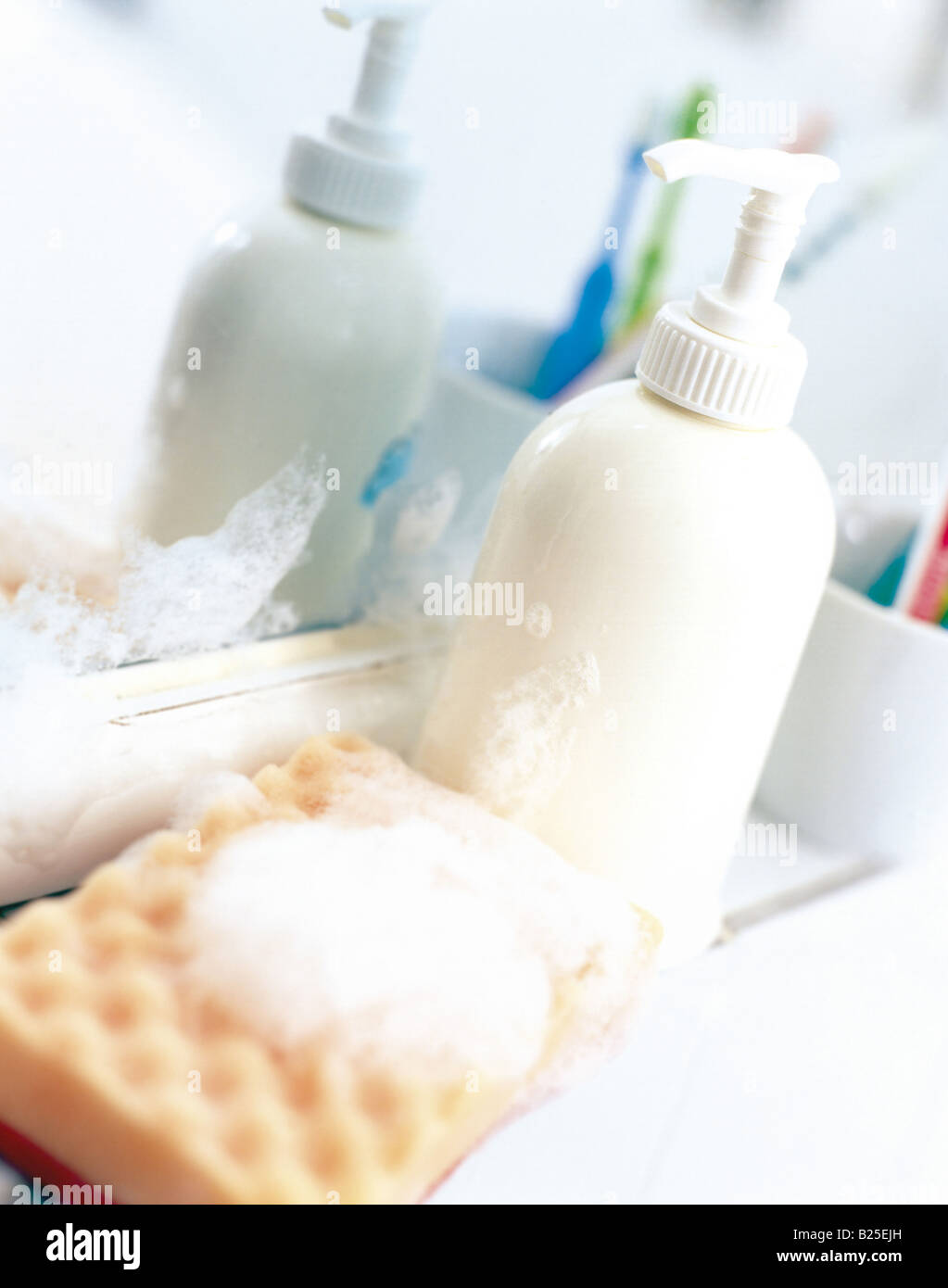 Sponge and shampoo Stock Photo - Alamy