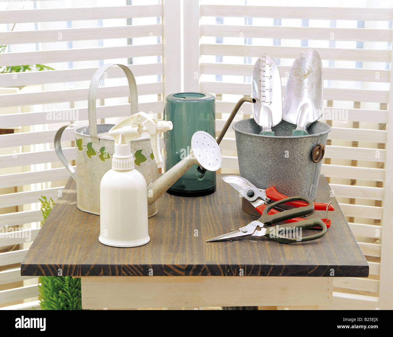 Gardening tools on the table Stock Photo - Alamy