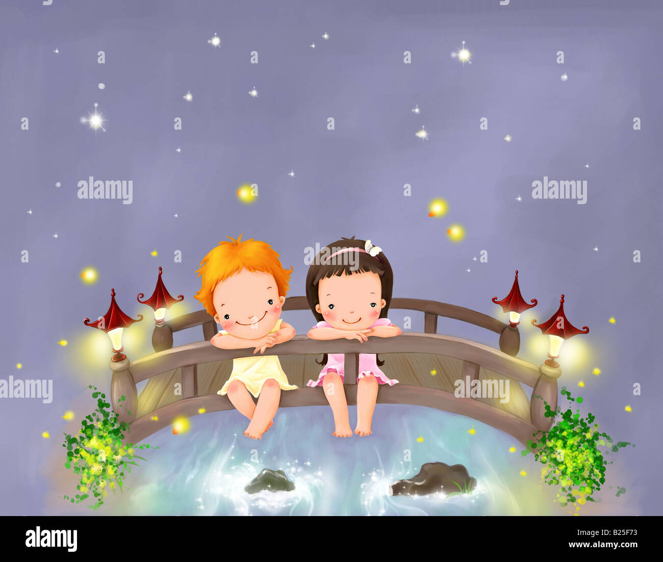 Illustration of kids at night Stock Photo - Alamy
