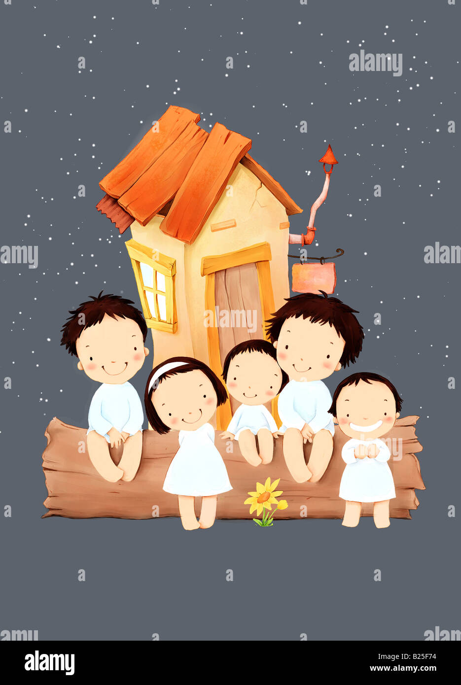 Illustration of kids at night Stock Photo - Alamy