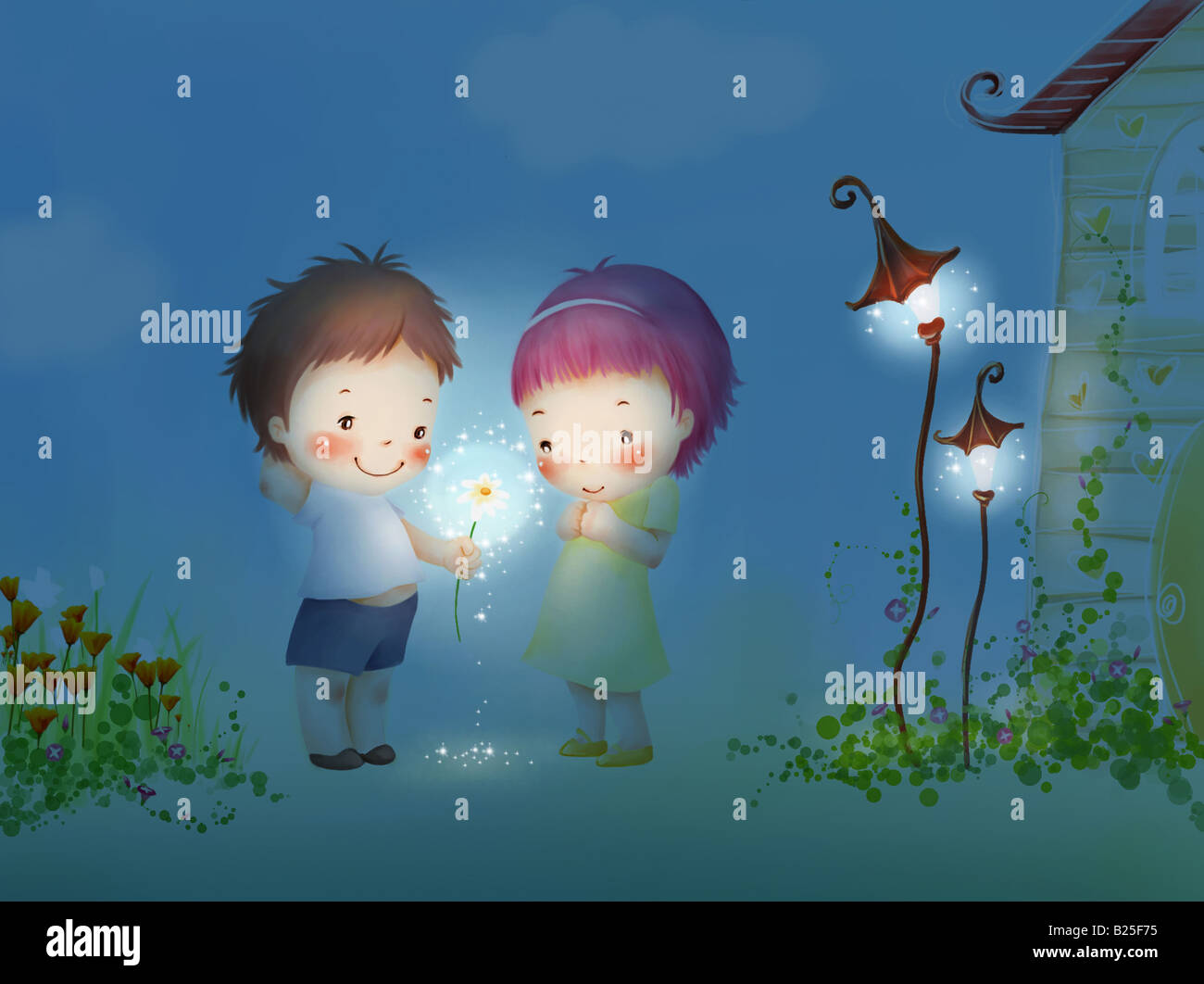 Illustration of kids at night Stock Photo - Alamy