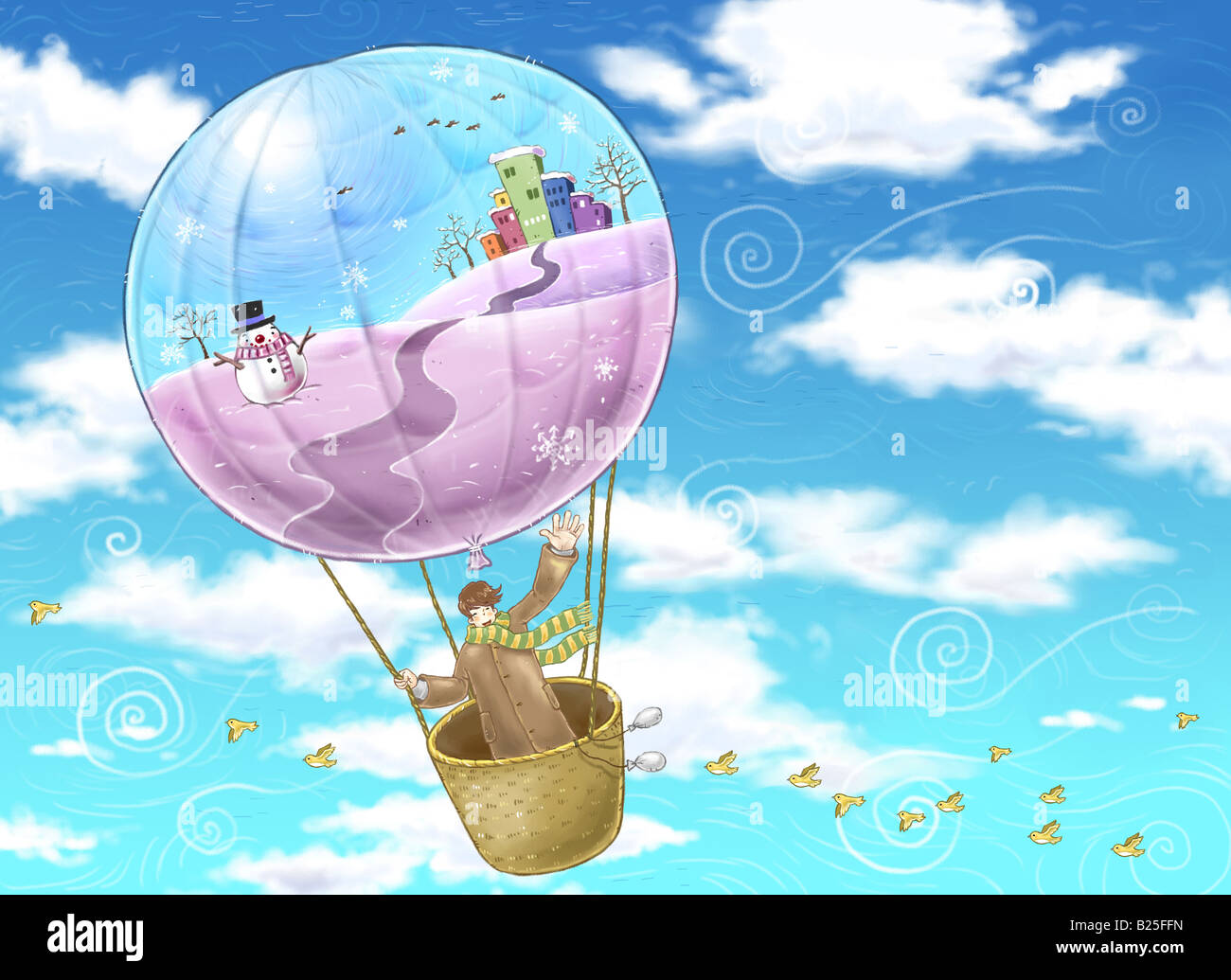 Young man on hot air balloon Stock Photo - Alamy