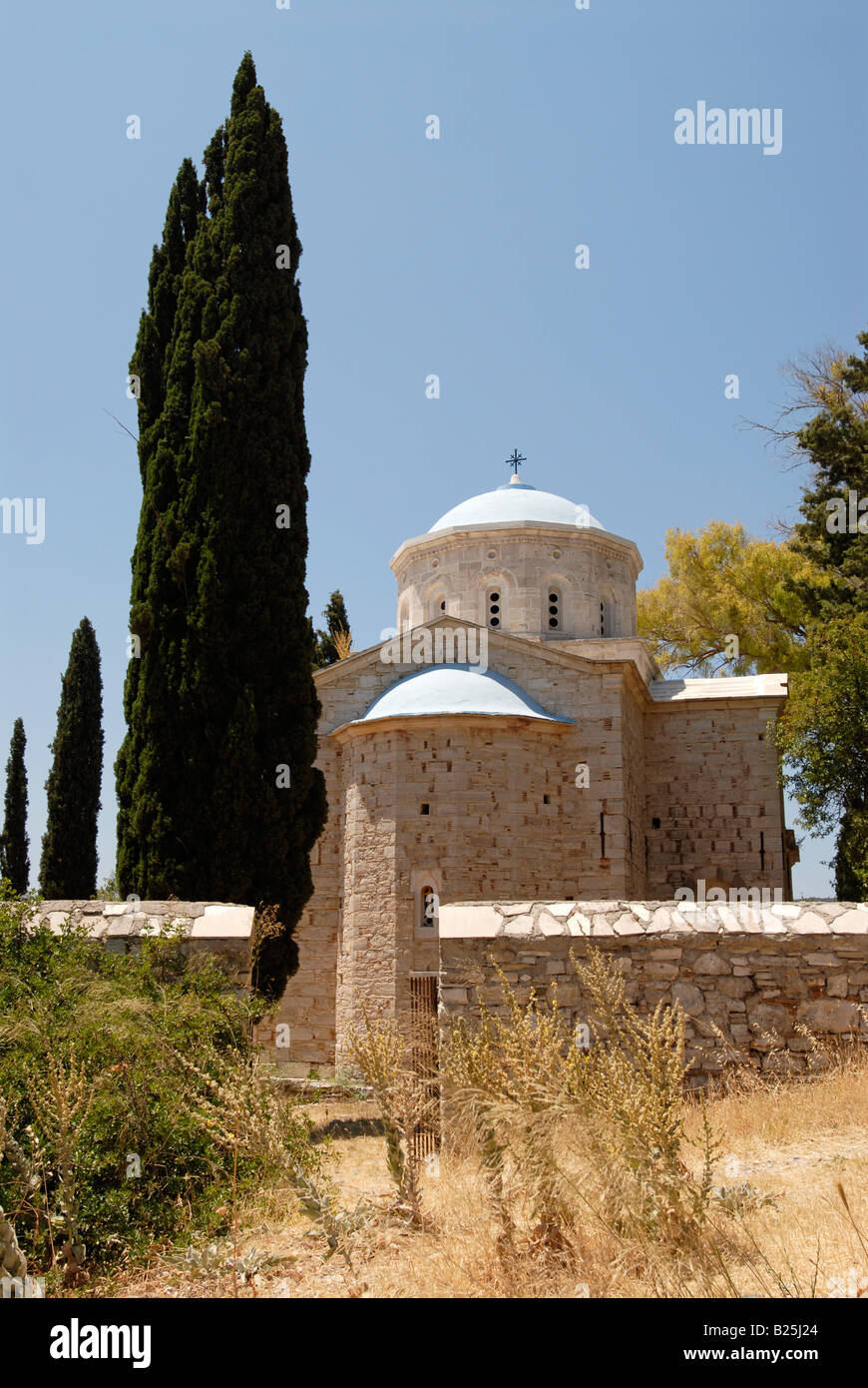 Greek church on a greek island with blue sky and cypress tree Stock ...