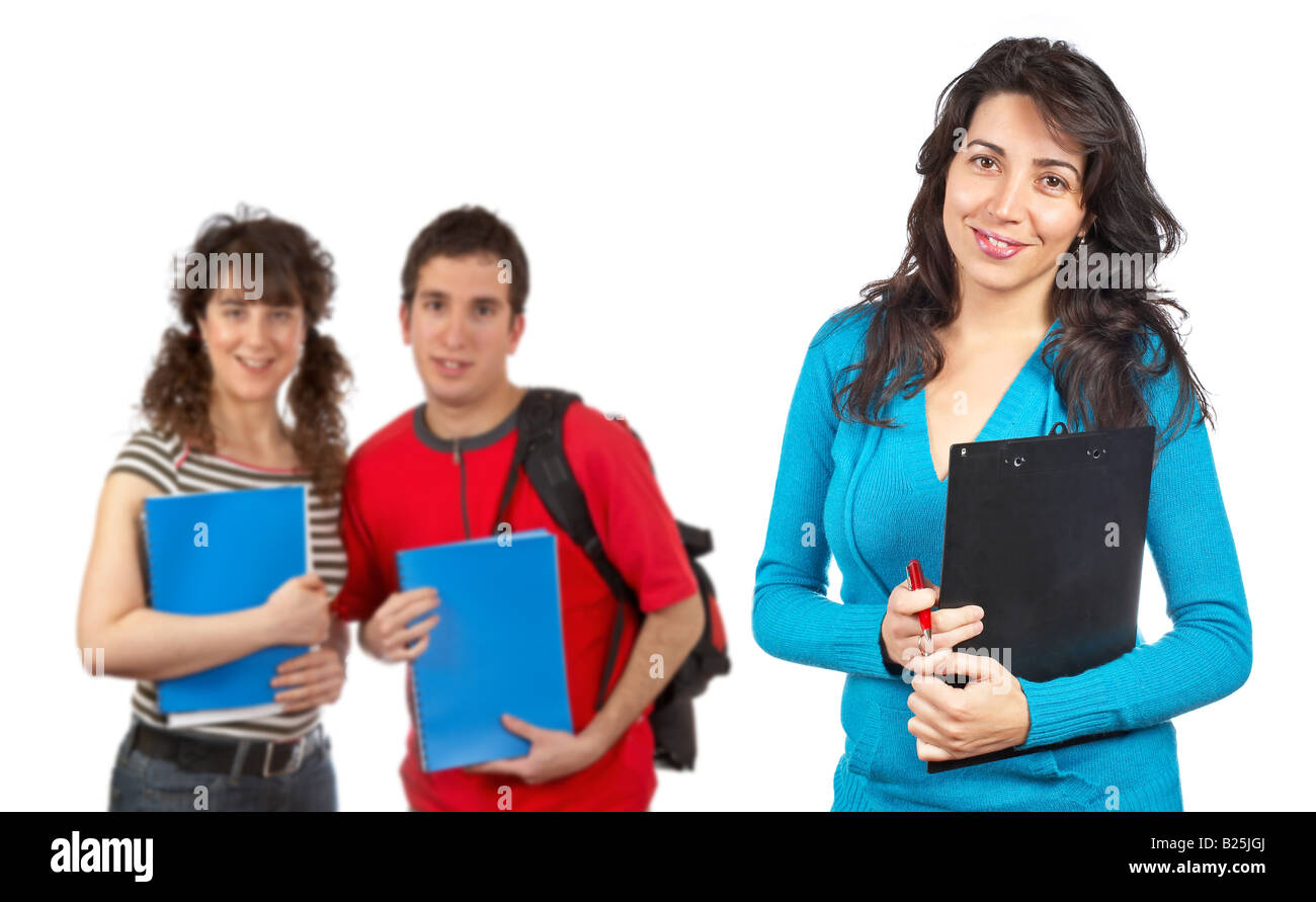 Three students with books and backpacks over a white background Focus ...