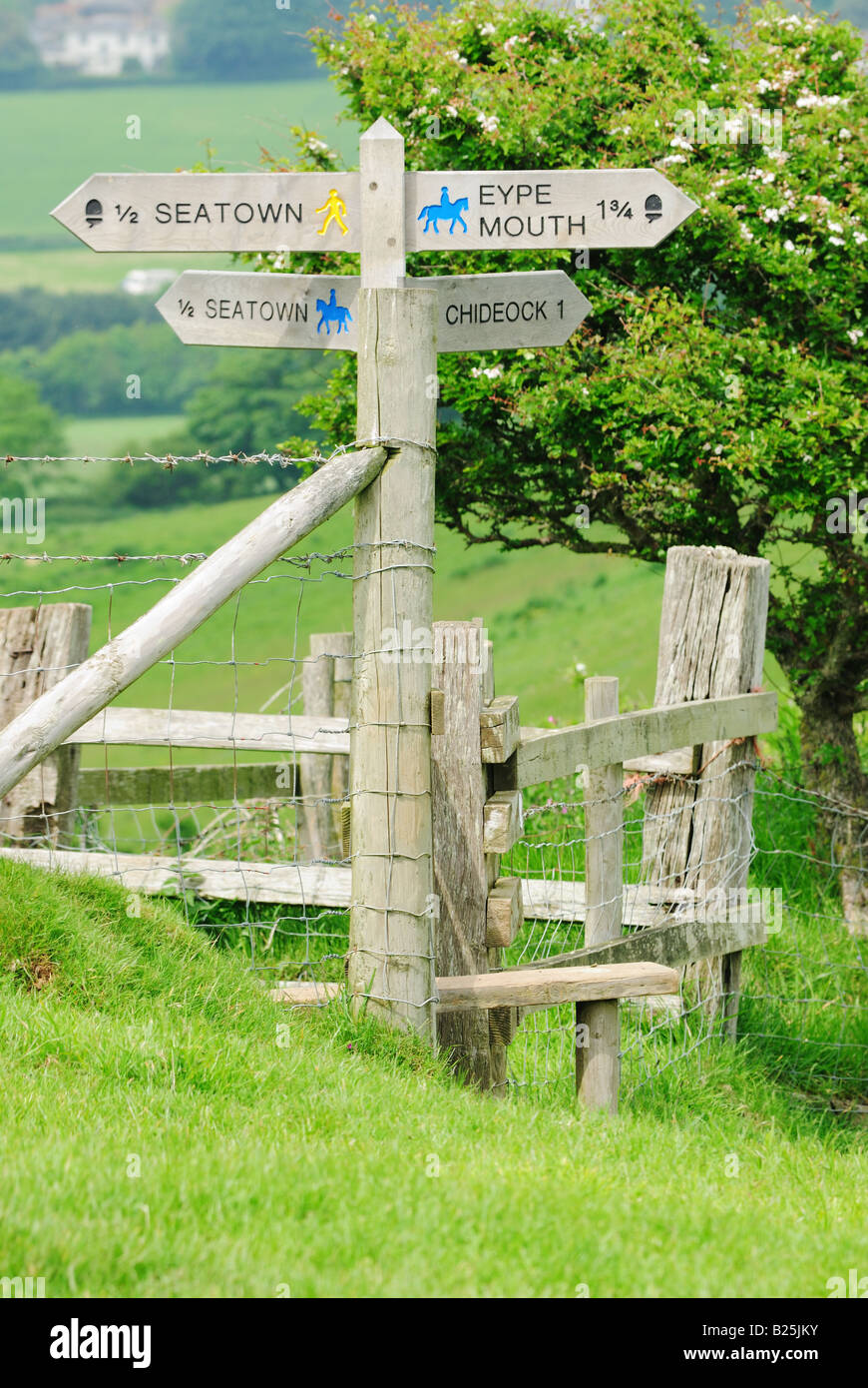 Signpost and stile on the South West Coast Path in Dorset, UK Stock ...