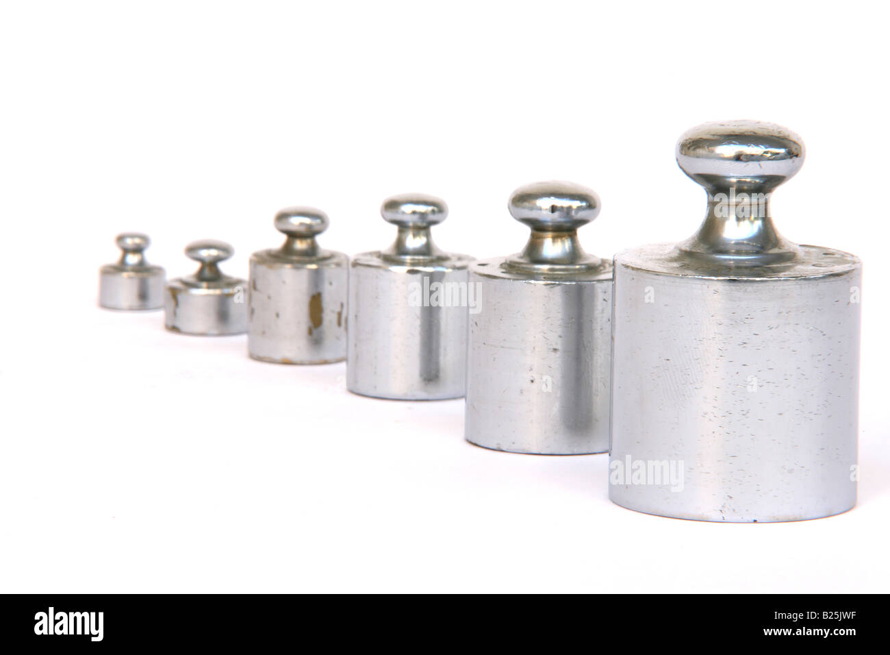 different weight units in a row focus on the big one isolated on white ...