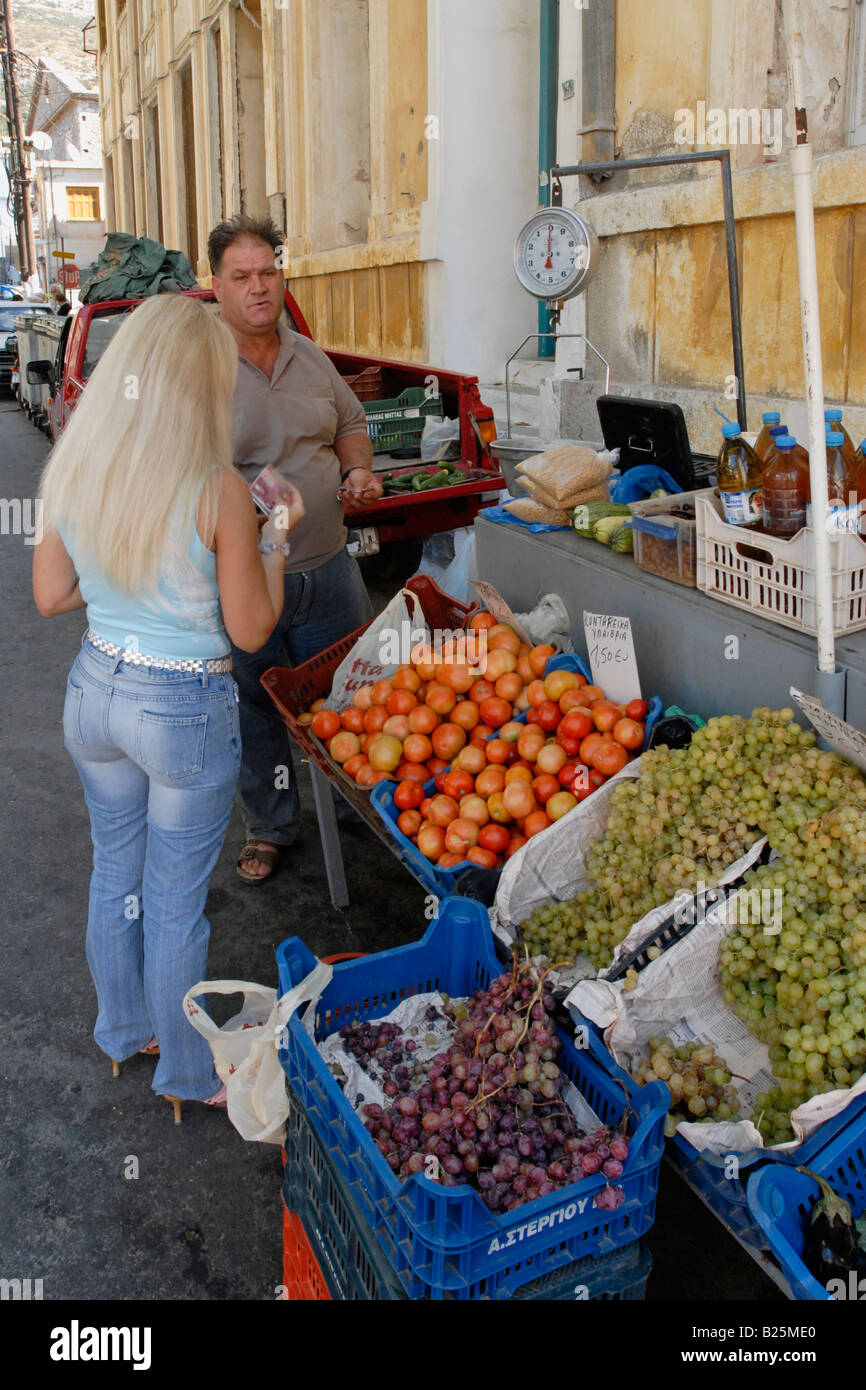 Greek market booth with vegetables and fruits Stock Photo - Alamy