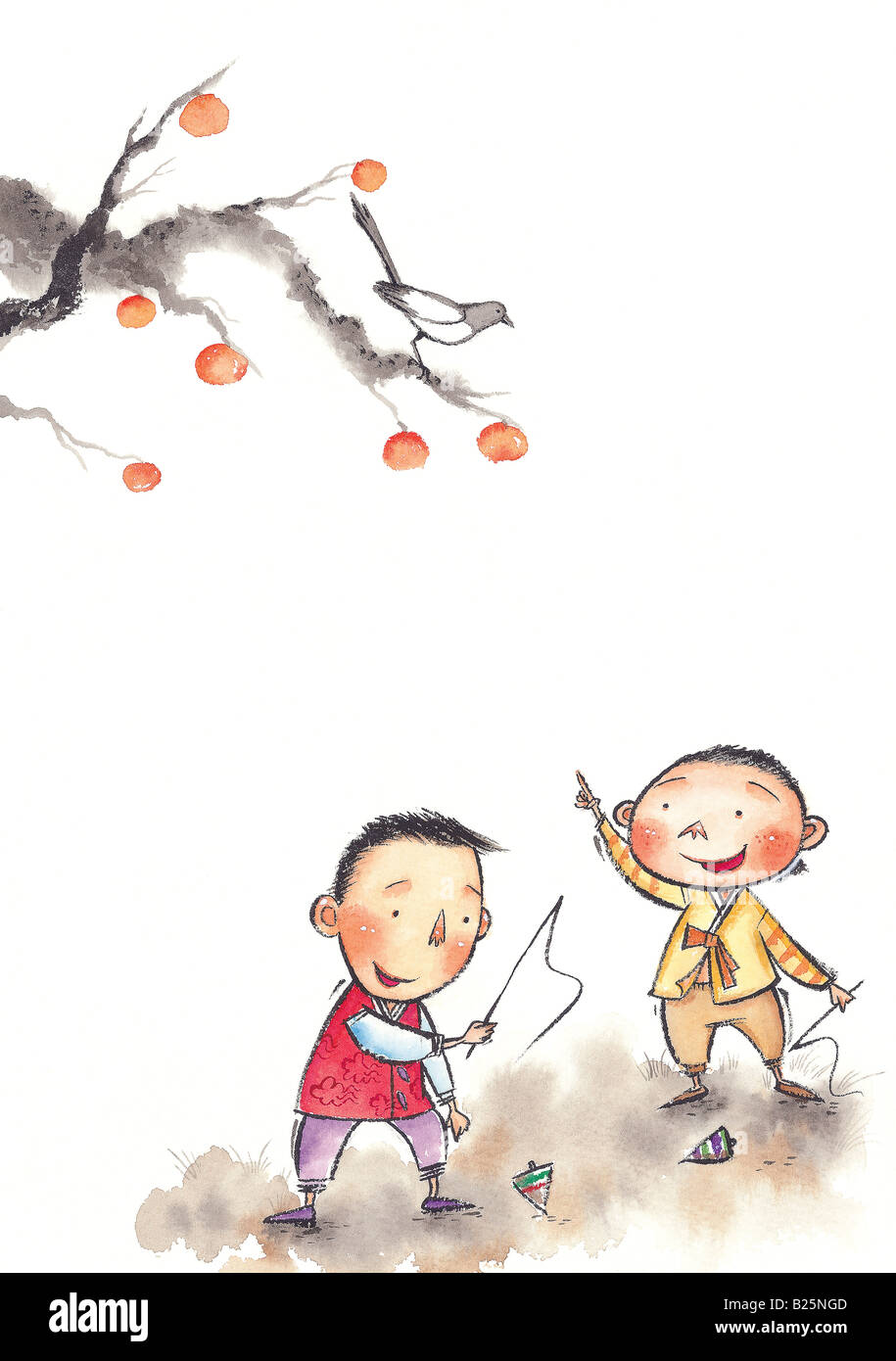 Two boys playing under the tree Stock Photo - Alamy