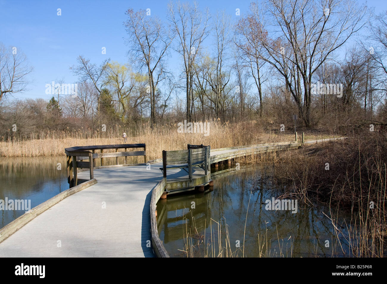 Wooden boardwalk with viewing platform over the pond at Ojibway Park in ...