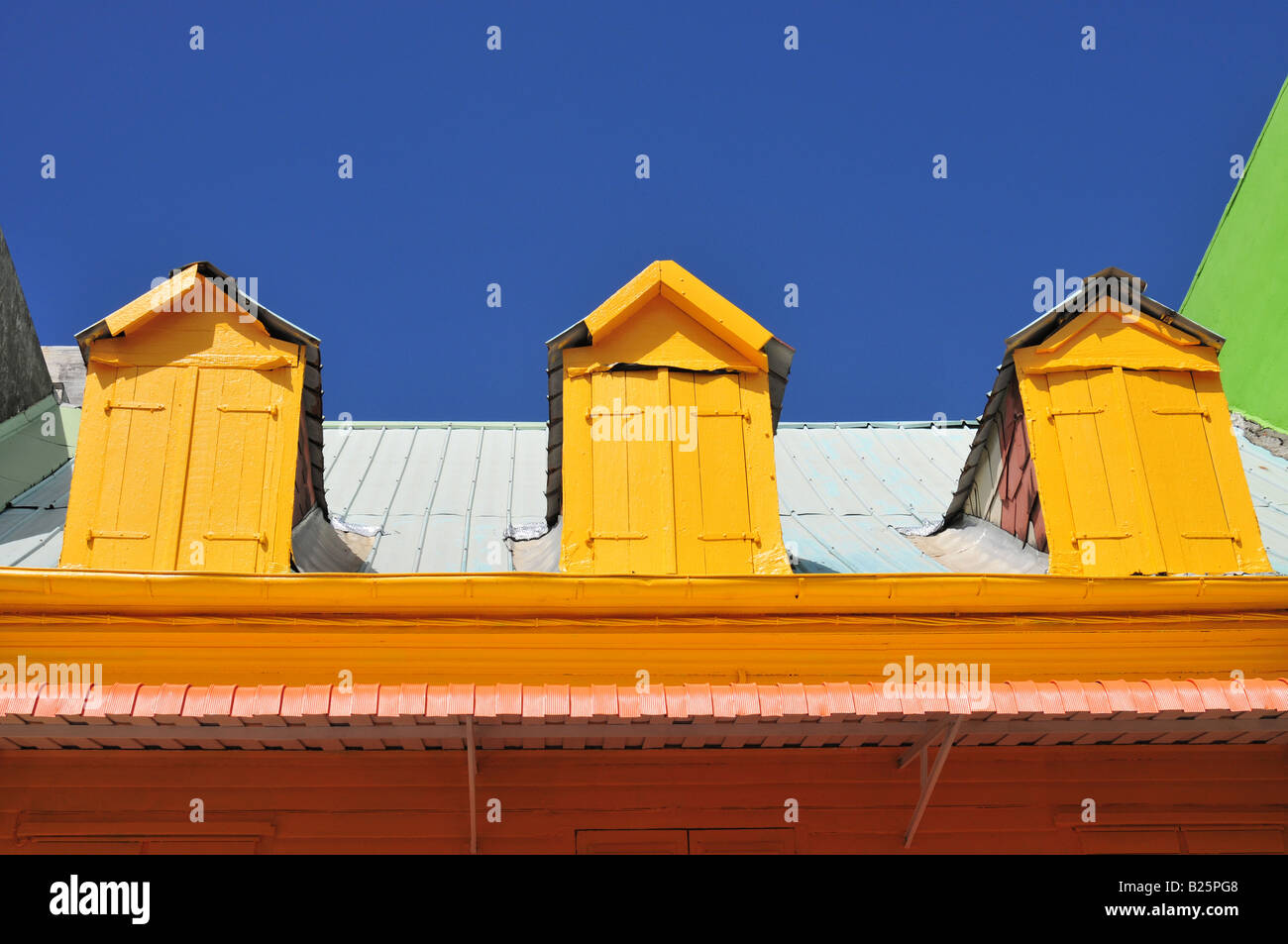 Bright yellow roof structures at Martinique in the Caribbean Stock ...