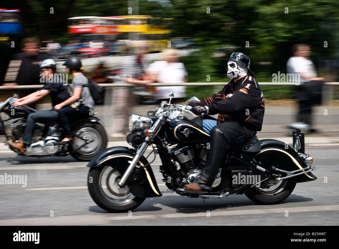 Bikers ride a Harley Davidson motorbike in Hamburg, Germany Stock Photo ...