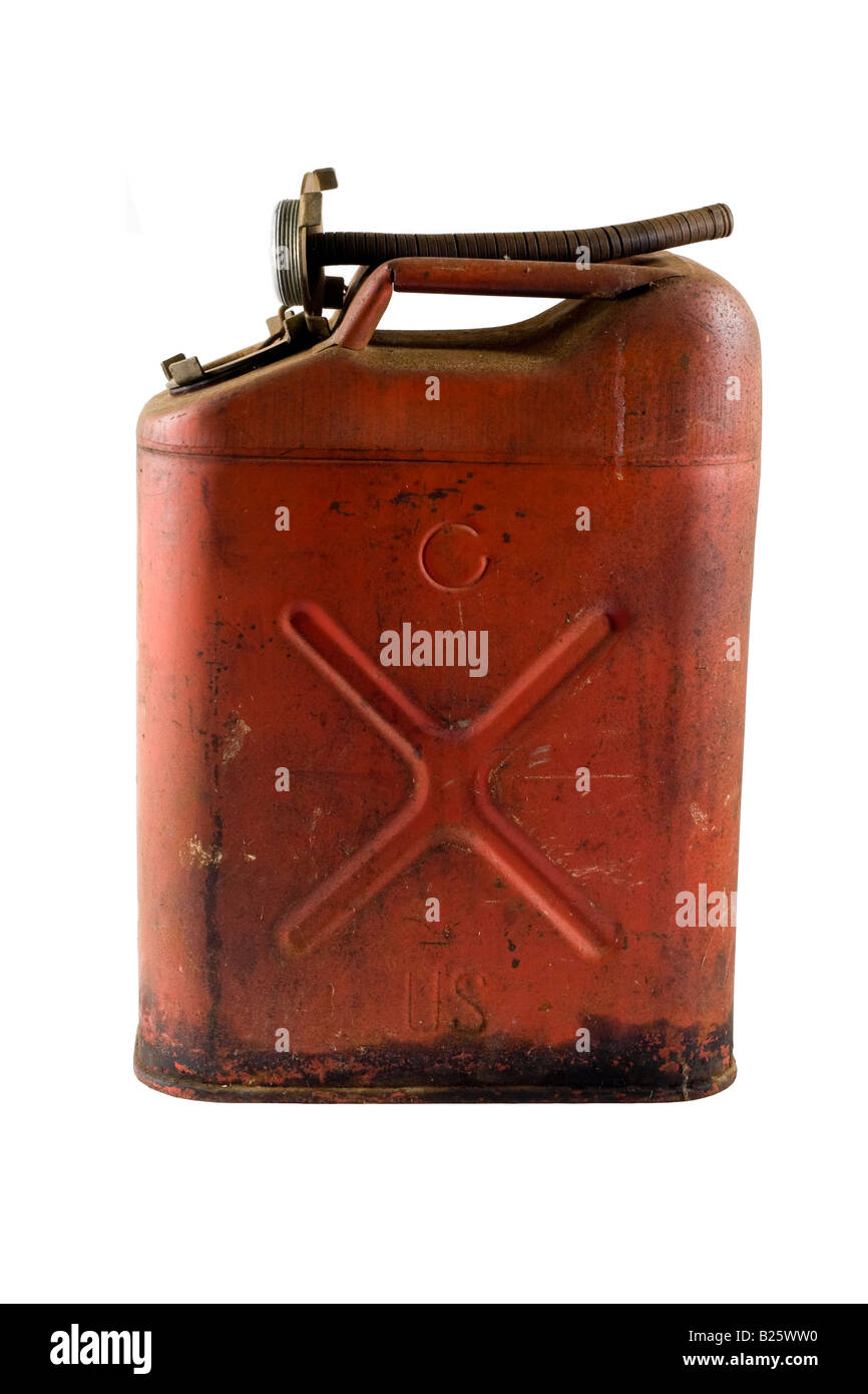 Vintage red gas can on white background Stock Photo - Alamy