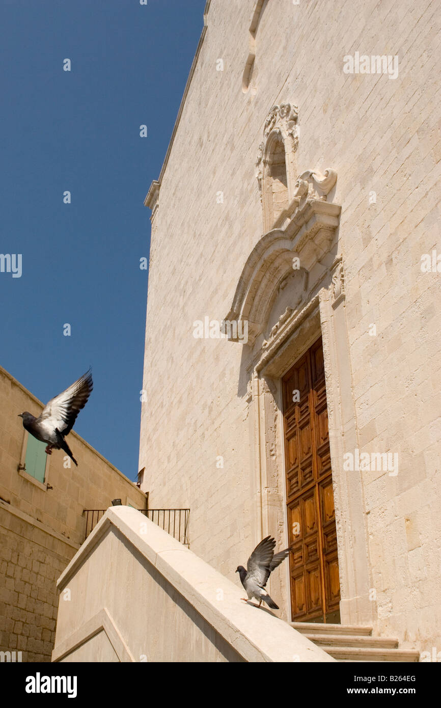 Pigeons near the medieval municipal church in Giovinazzo, Italy Stock ...