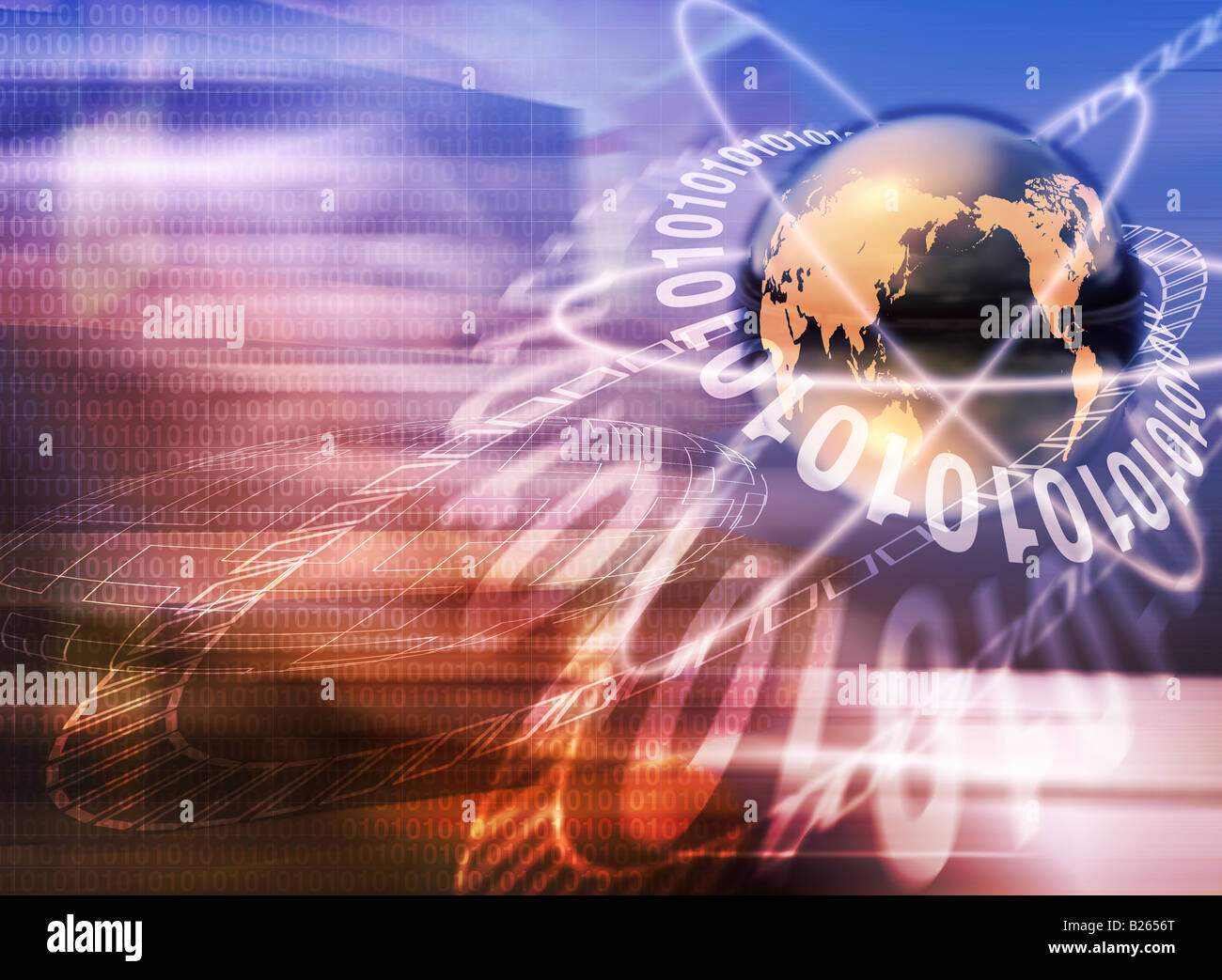 Digital background on globe, earth and binary code Stock Photo - Alamy