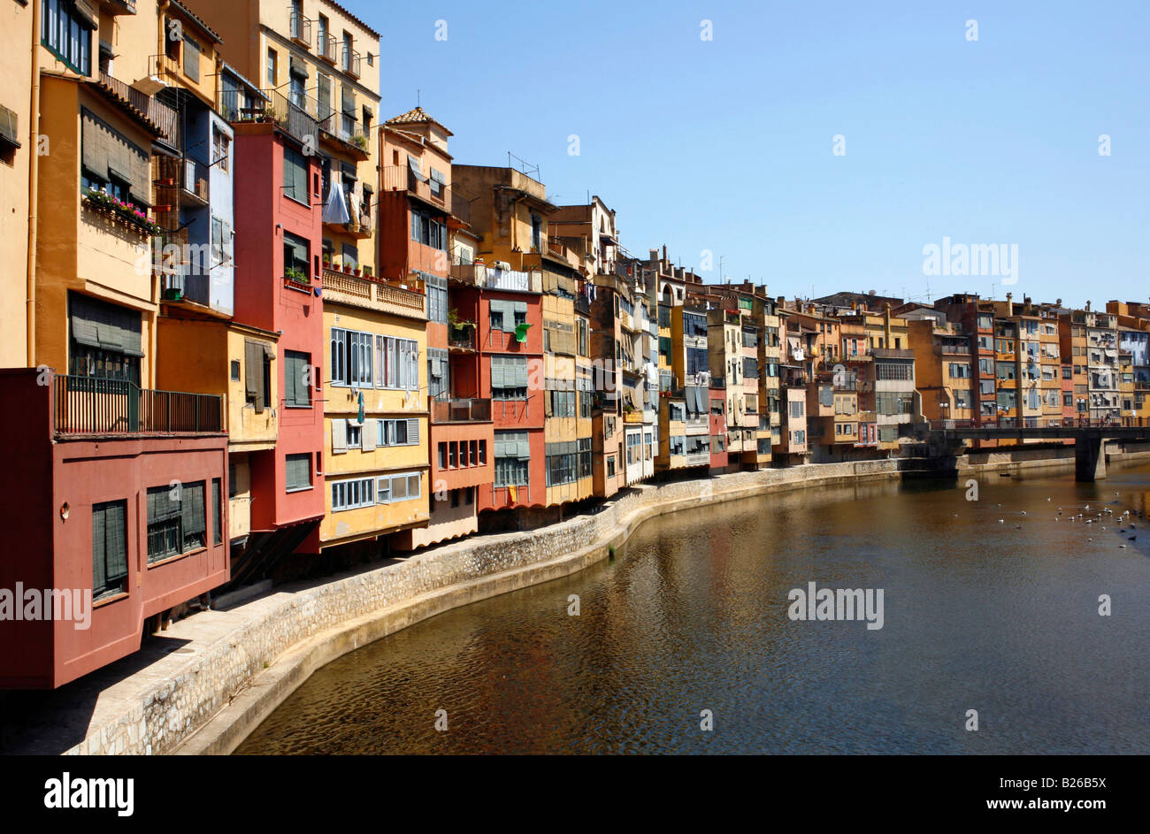 Colorful apartment houses on the river Onyar, Girona, Catalonia, Spain ...