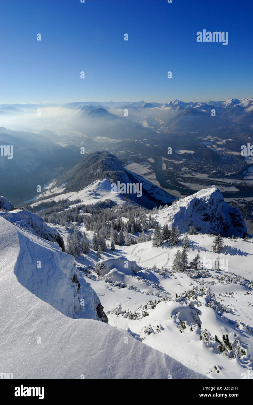 Fog bank in the valley of river Inn, Pendling and Bavarian foothills ...