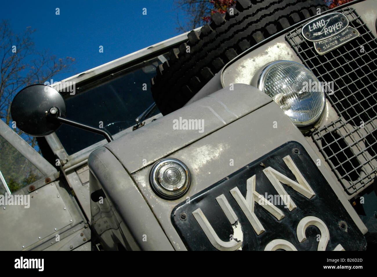 Close up onto the front of a grey 1950's Land Rover Series One 86 inch ...