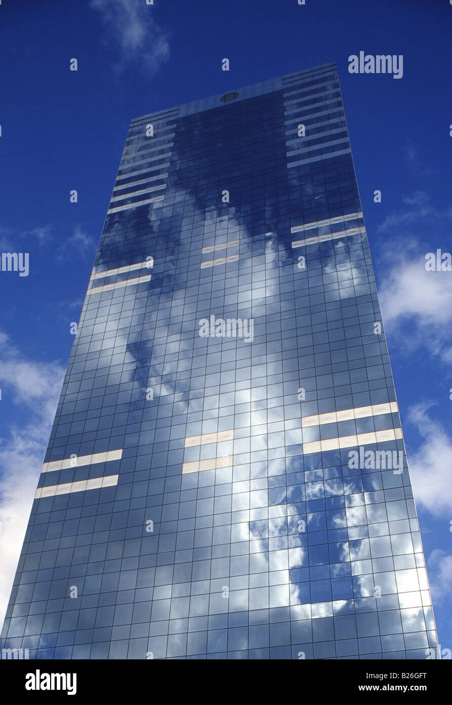 Brussels reflection on 1990s commercial skyscraper high rise building ...