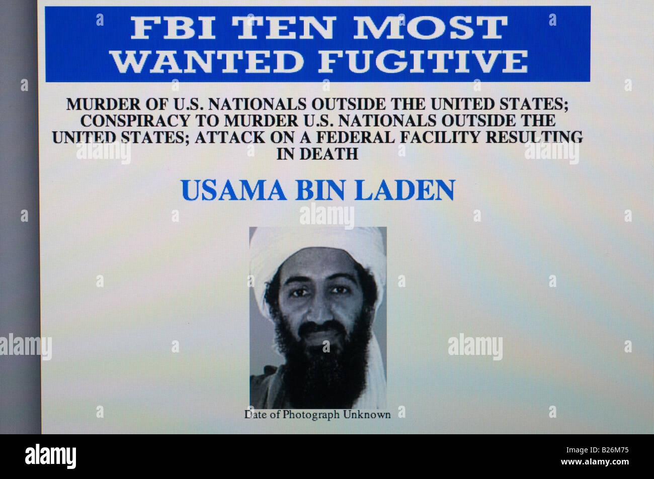 FBI Ten Most Wanted website featuring Usama Bin Laden Stock Photo - Alamy