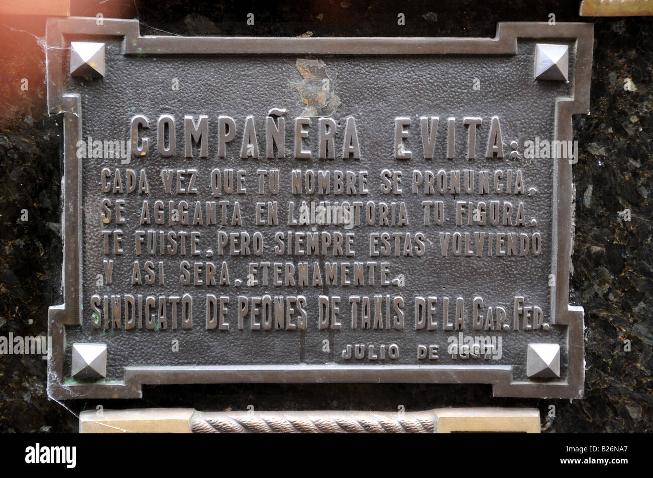 Plaque on tomb of Eva Peron, Recoleta Cemetery, Buenos Aires, Argentina ...