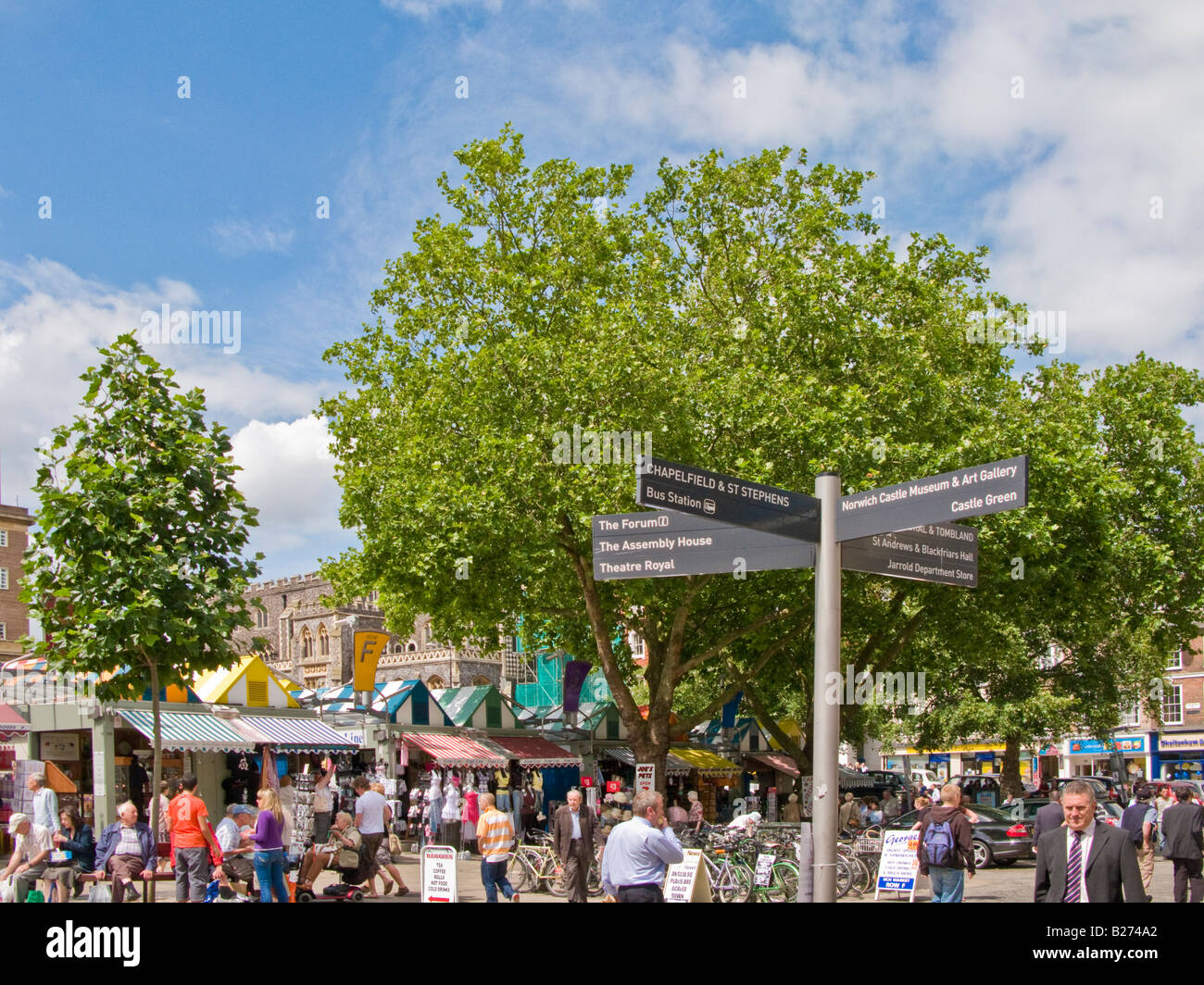 Norwich market place with fingerpost and people Stock Photo - Alamy