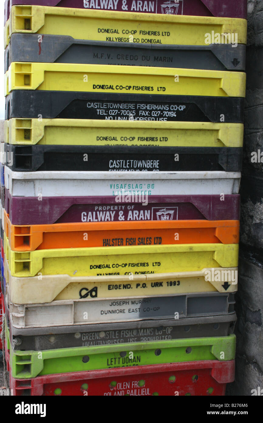 stack of empty fish crates at Rush harbour, County Dublin, Ireland ...