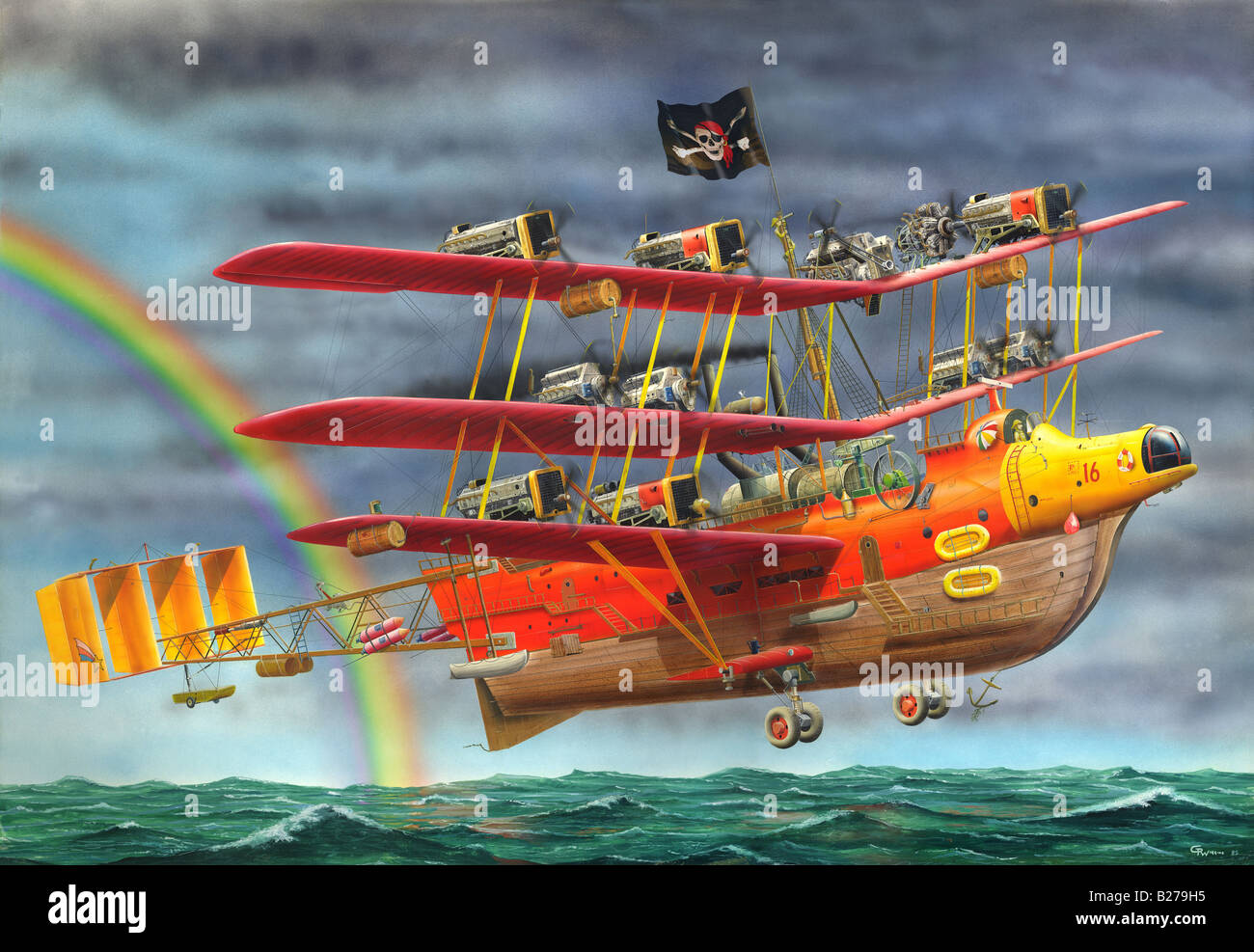 Sky pirates. Comical illustration of a pirate flying boat Stock Photo ...