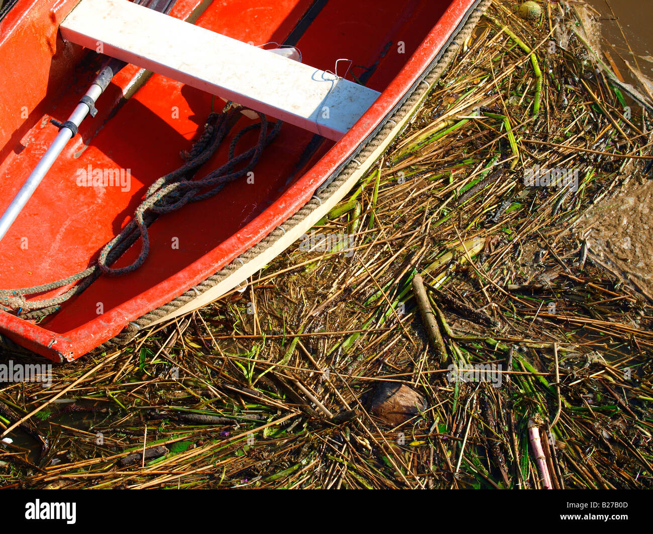 A dinghy surrounded by floating debri Stock Photo - Alamy