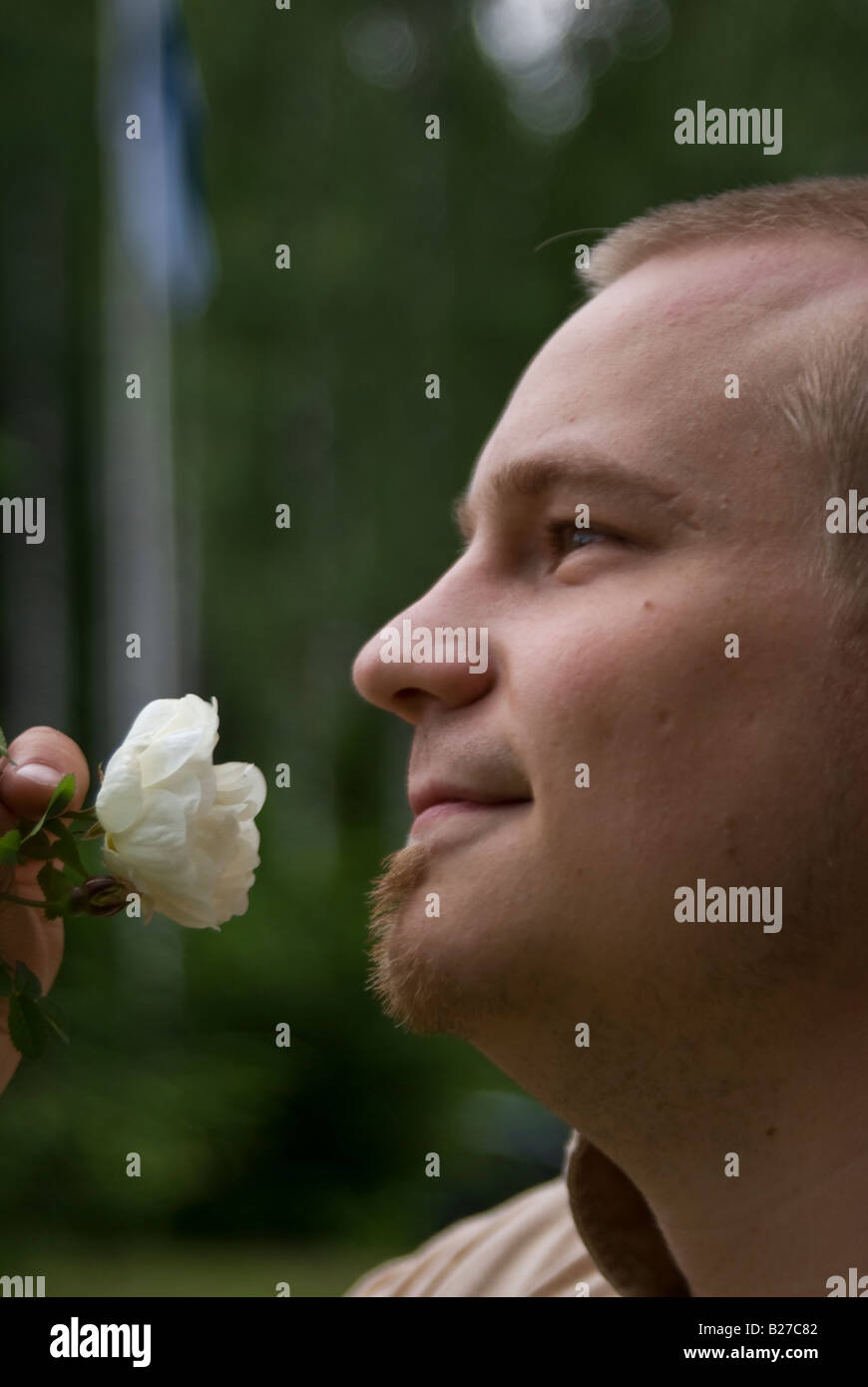 A man smells the scent of a white rose Stock Photo - Alamy