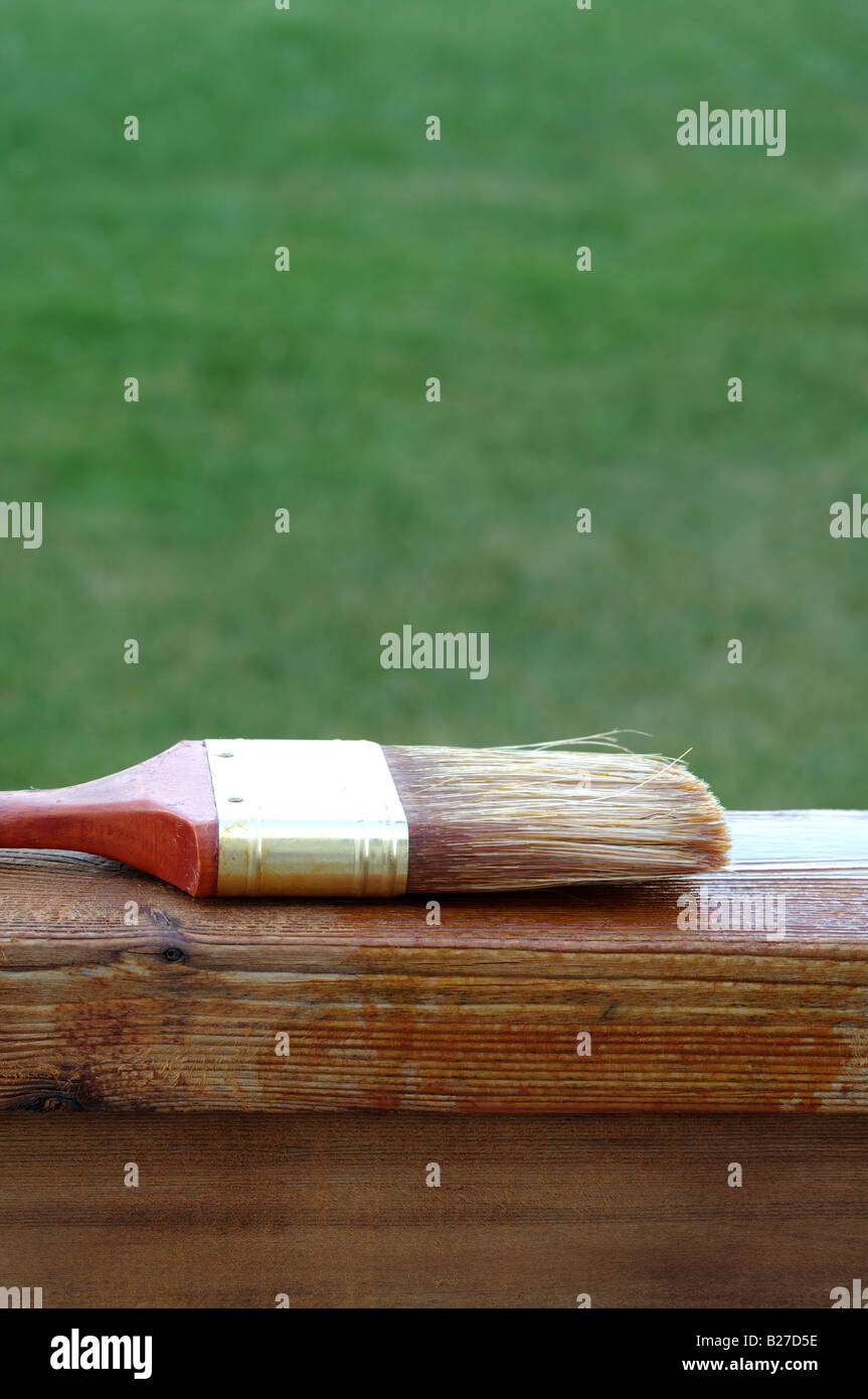 Hand holding a brush while staining a cedar deck rail Stock Photo - Alamy