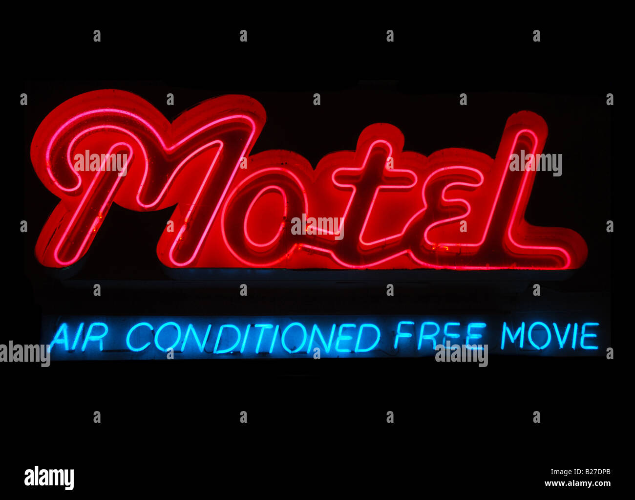 Illuminated motel neon sign with air conditioning and free movie Stock ...