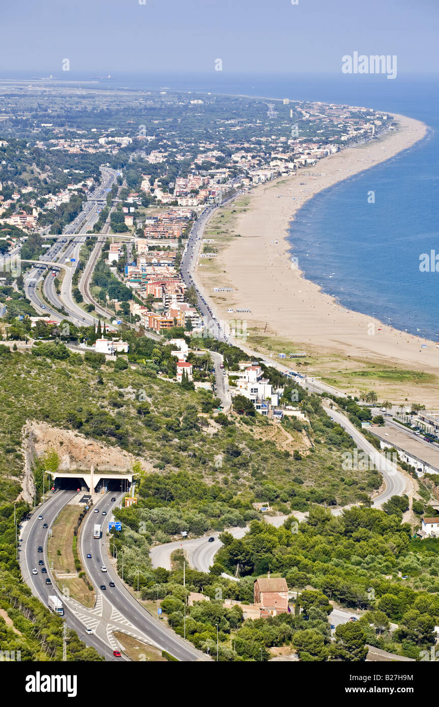 Castelldefels and Gava beach and highway c 32. Aerial view Stock Photo ...