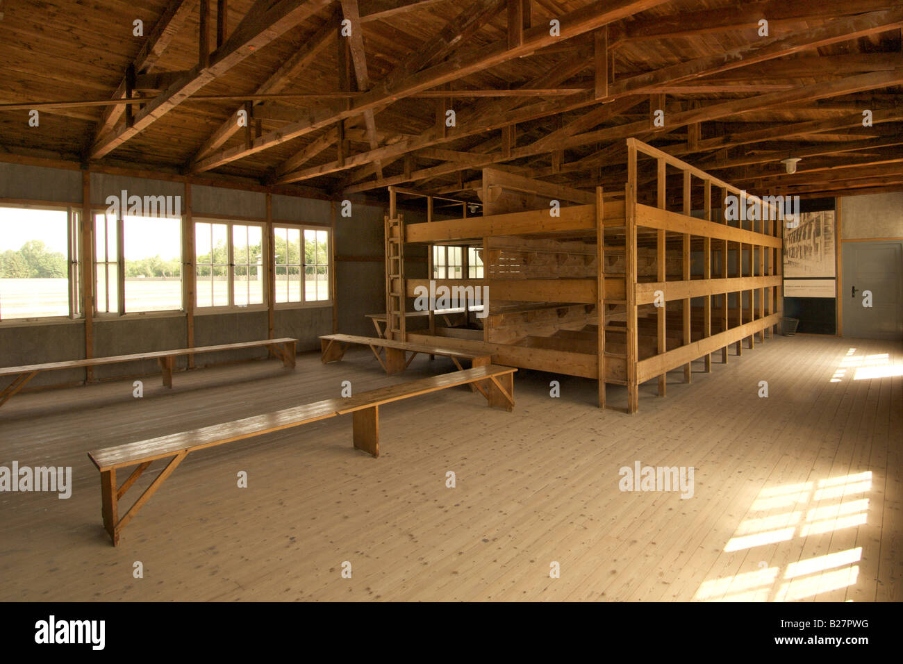 Interior of reconstructed barracks at the Dachau concentration camp on ...
