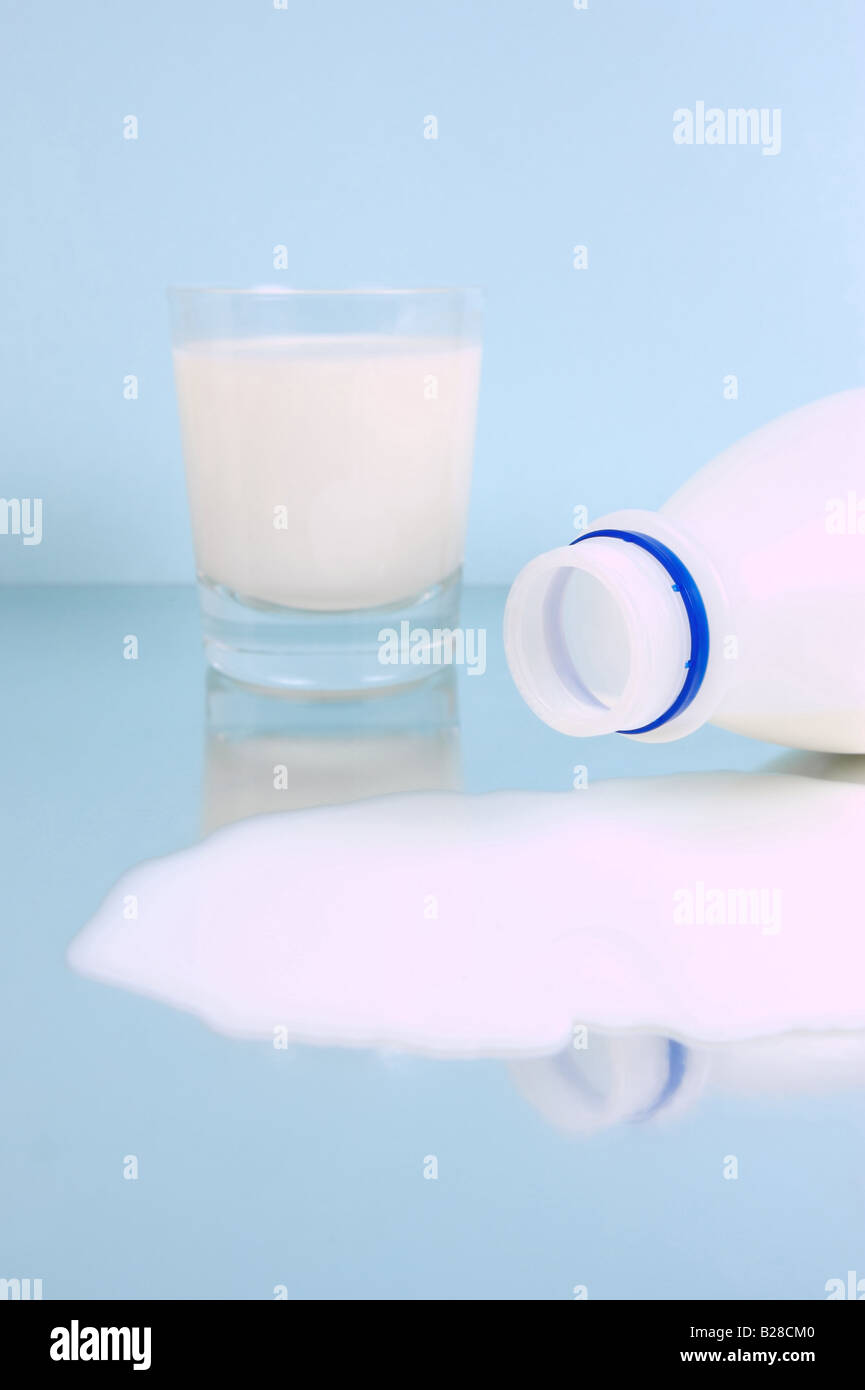 Spilt full cream milk isolated against a blue background Stock Photo ...