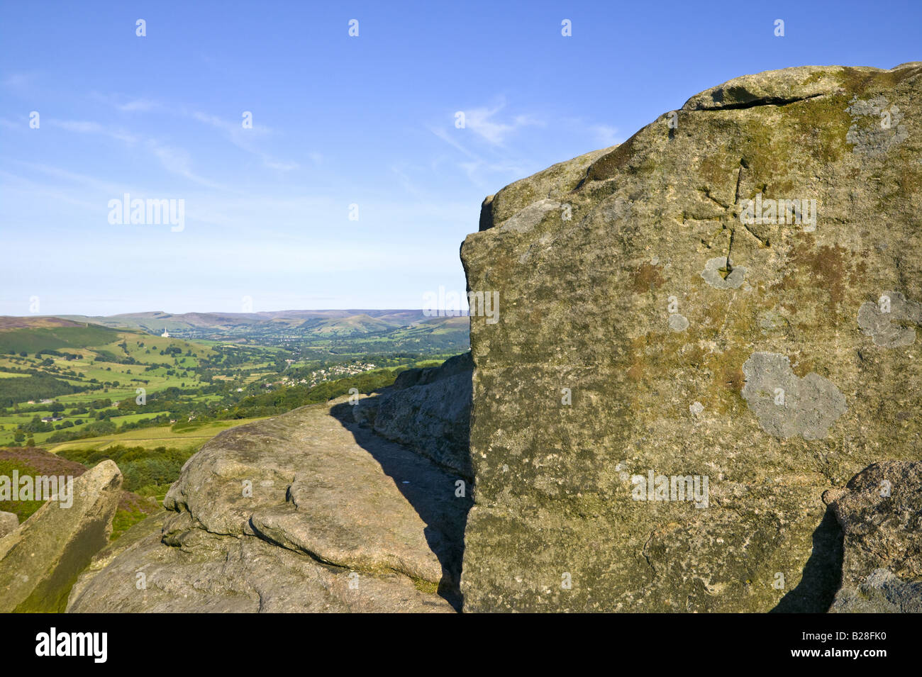 Close up of a carved compass cross on a stone of Over Owler Tor in the ...