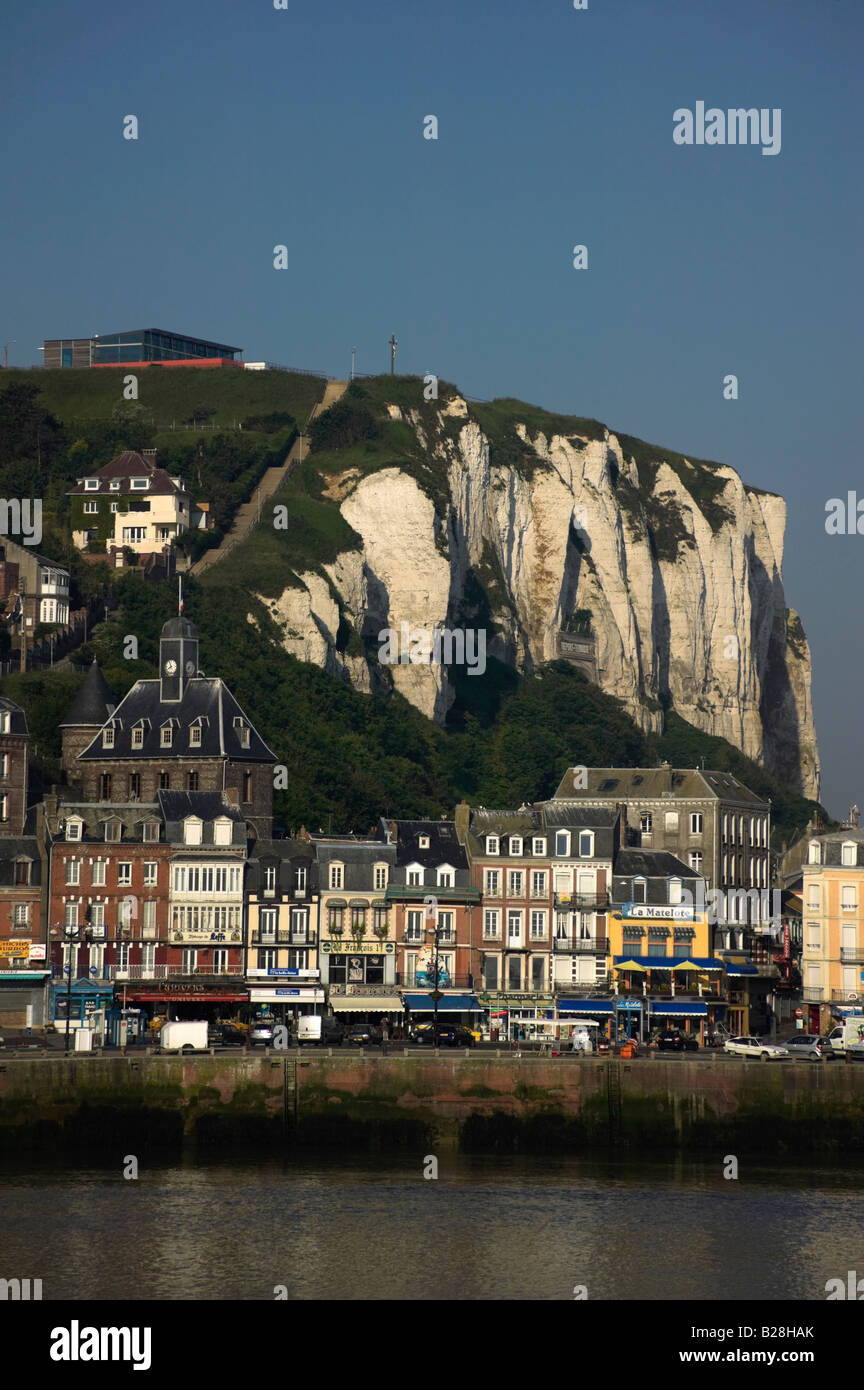 Town of Le Treport with chalk cliffs in background, Normandy, France ...