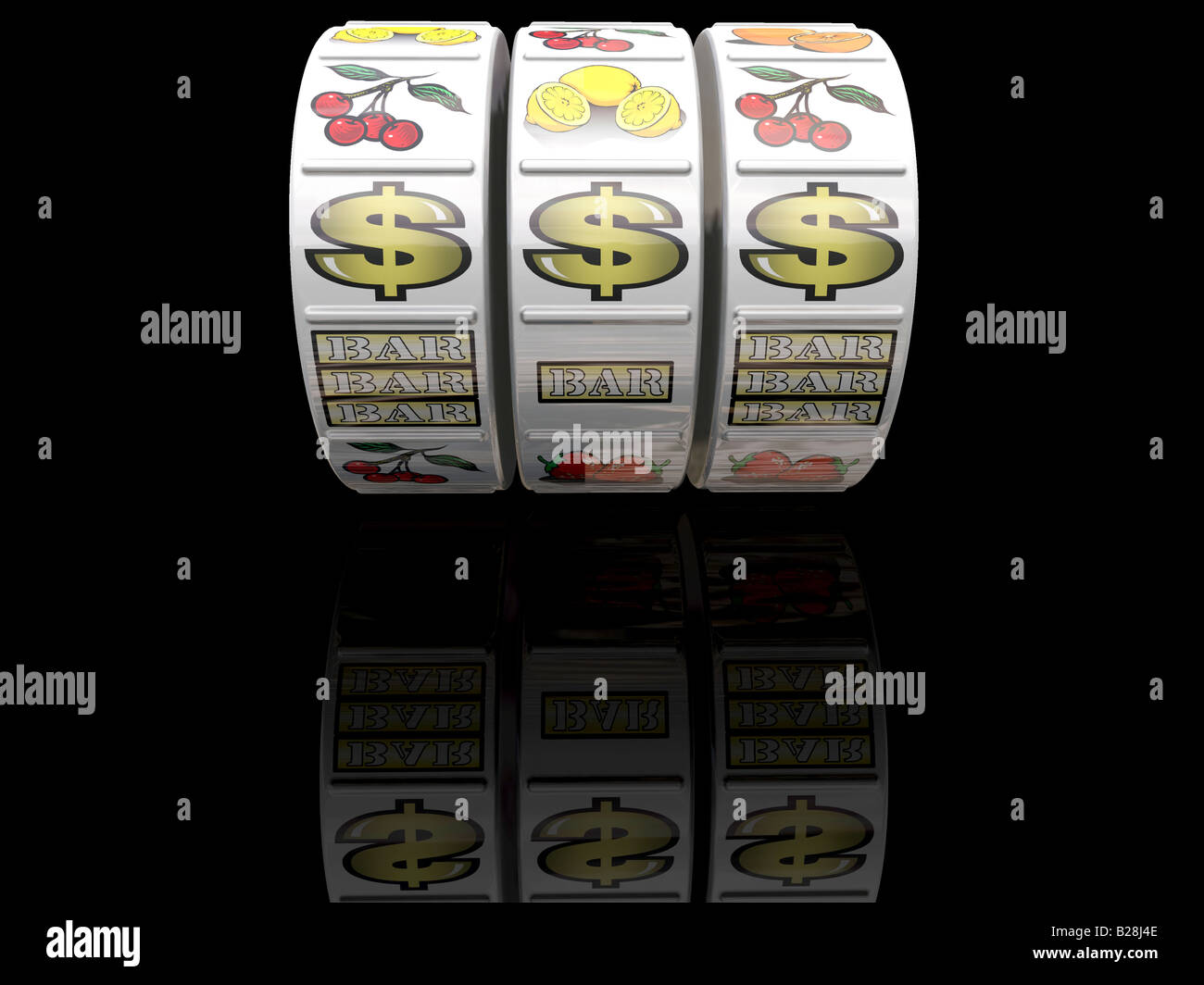 3D render of fruit machine reels showing jackpot win Stock Photo - Alamy