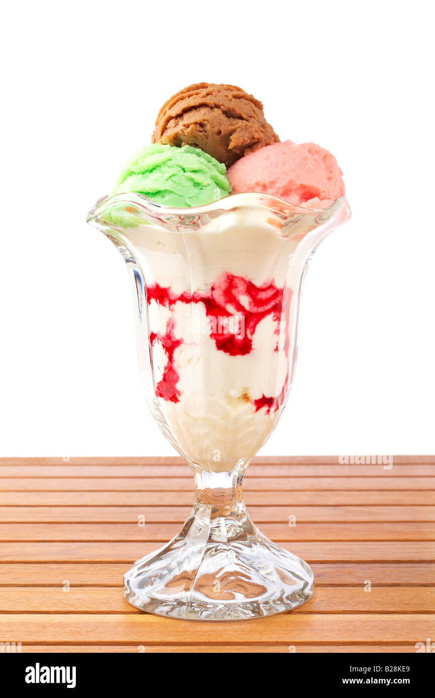 Delicious multi flavor ice cream glass on wooden background Shallow ...