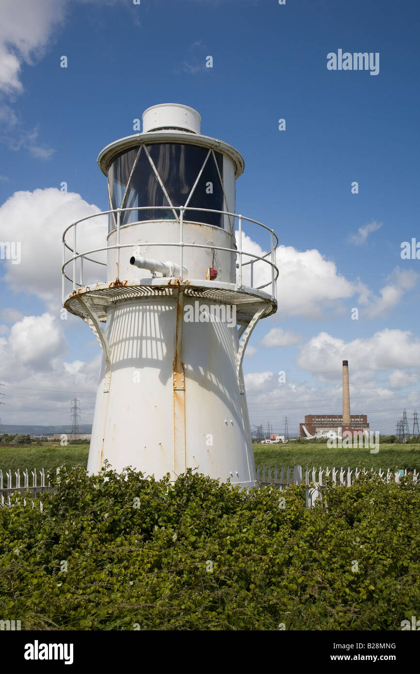 East Usk Lighthouse at mouth of River Usk with Uskmouth power station ...