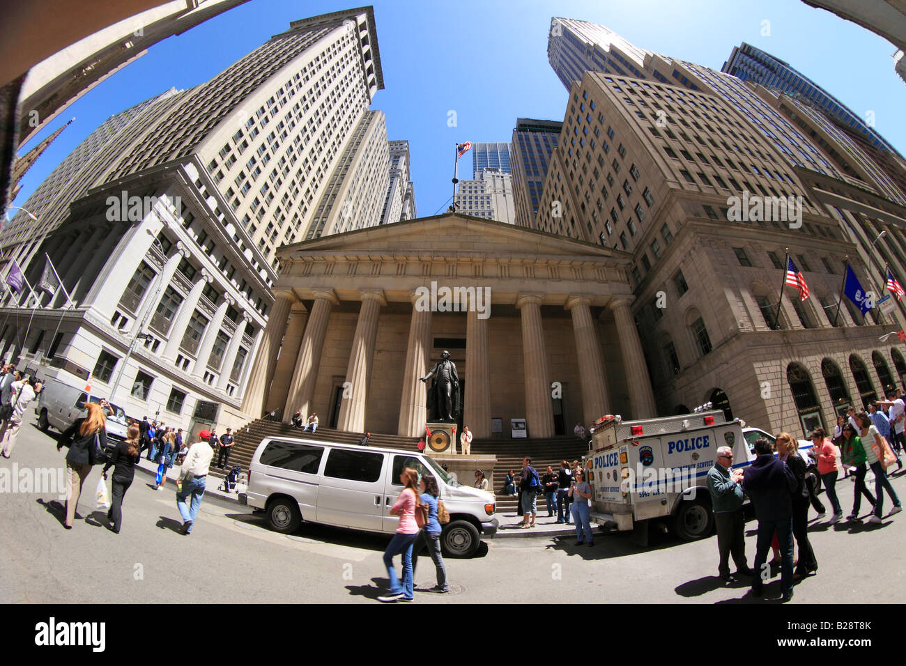 Fish eye view of Wall Street buildings including the Federal Hall ...