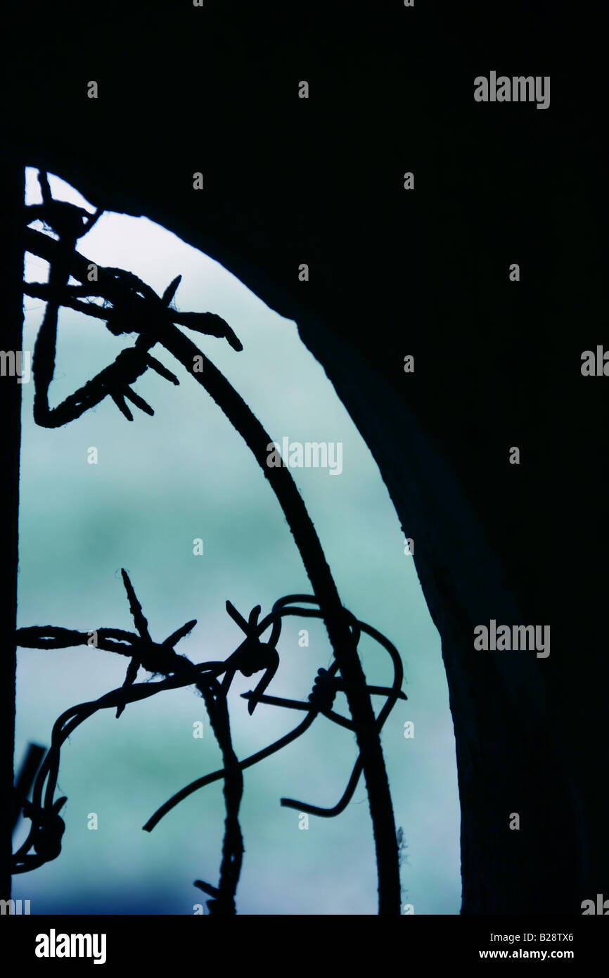 room window with barbed wire and metal bars Stock Photo - Alamy
